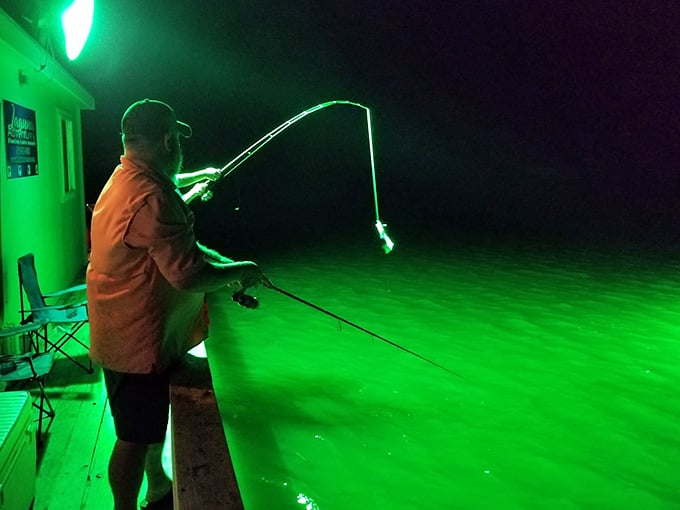 Night fishing under green lights, because apparently fish are attracted to the glow like moths to flame.