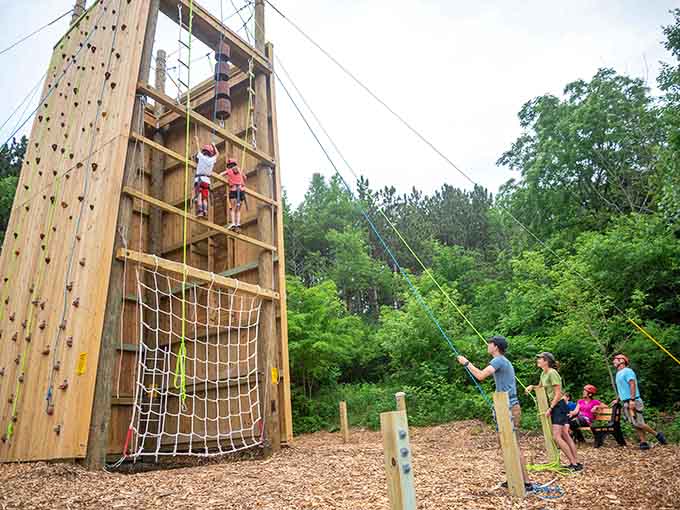 The climbing tower looms like a wooden skyscraper, challenging visitors to reach new heights, literally.