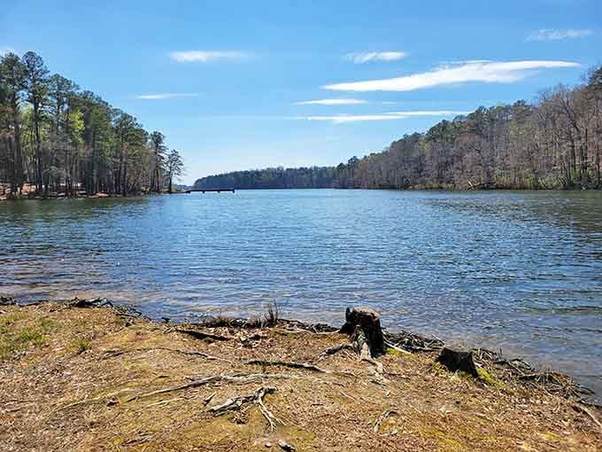 The 250-acre lake stretches out calm and inviting, practically begging you to drop a fishing line in.