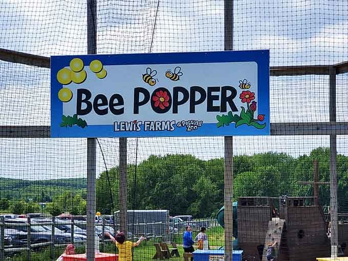The Bee Popper keeps little ones entertained while parents catch their breath, because even adventure farms understand pacing matters.