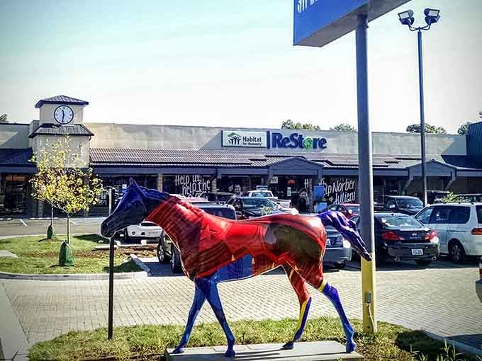 Even the parking lot art knows this place is special—that's one patriotic horse welcoming you to bargain paradise.