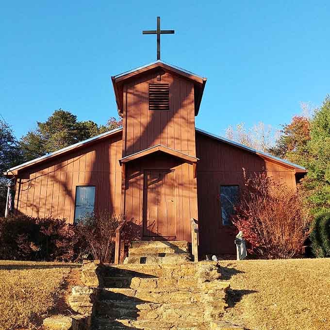 Even the church here embraces that rustic Western aesthetic, proving faith and frontier spirit go hand in hand beautifully.