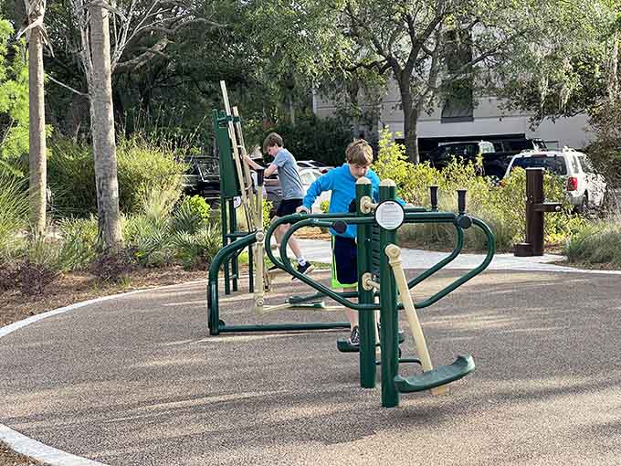 Outdoor fitness equipment lets kids burn energy while adults pretend they'll definitely try it next time they visit.
