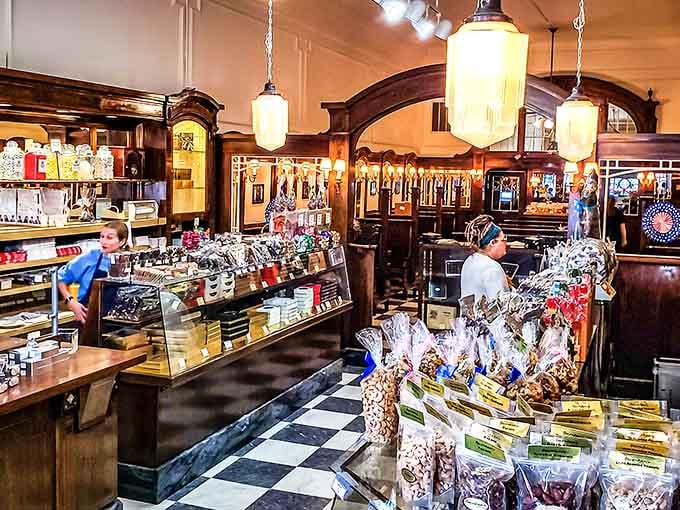 Beernsten's Confectionary interior gleams with nostalgic splendor, where ice cream dreams meet checkered floor reality.