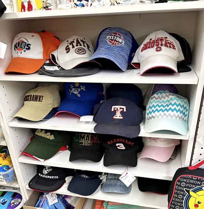 Sports caps spanning teams and eras, because apparently everyone's dad collected hats from places they never visited.