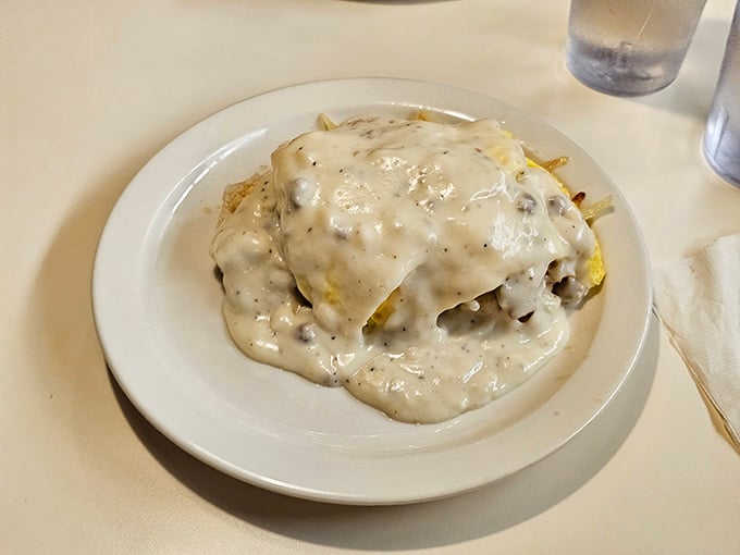 Biscuits drowning in sausage gravy &ndash; this is the kind of comfort food that makes everything else seem less important.