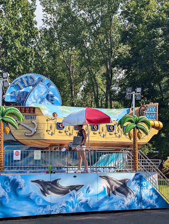 Pirate ship meets tropical paradise on this whimsical ride, where dolphins and palm trees create the perfect summer adventure backdrop.