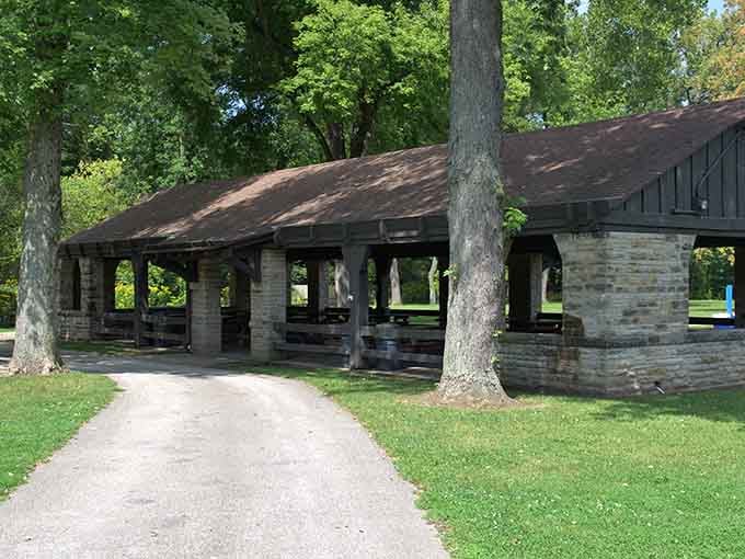 Classic covered picnic shelters provide the perfect spot for post-toboggan victory lunches and family gatherings.