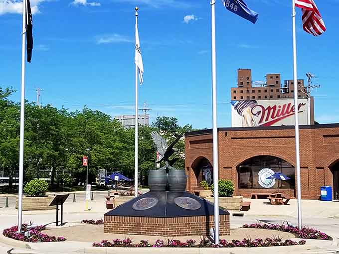 Flags wave proudly outside this Milwaukee landmark, where tradition flows as freely as the product inside.