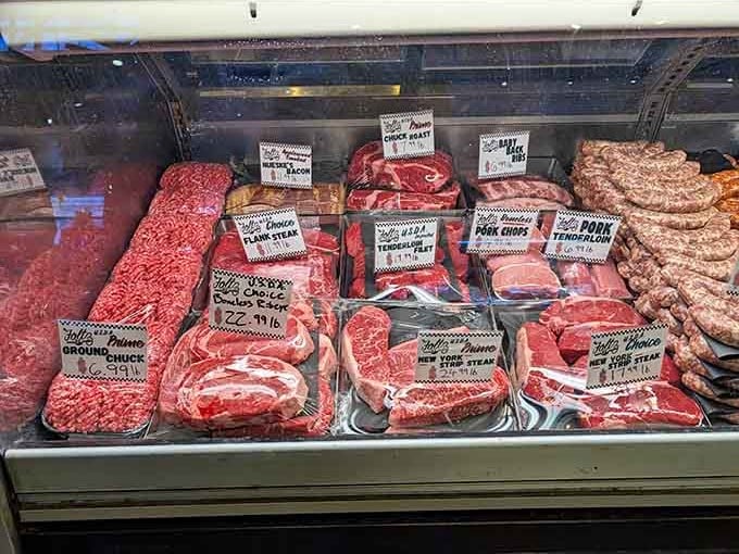Fresh cuts of beef and pork displayed like precious gems, making vegetarians reconsider their life choices momentarily.