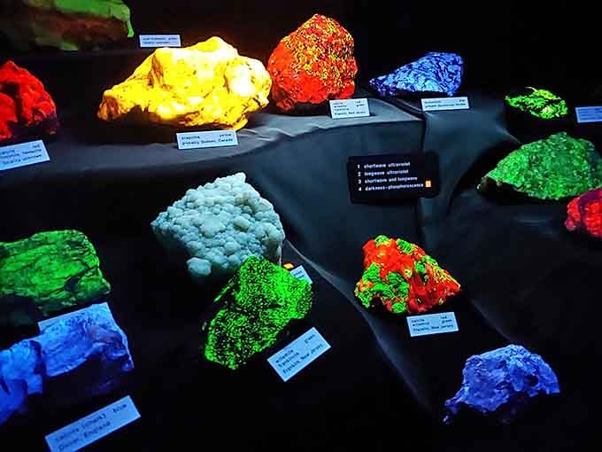 Fluorescent minerals glowing like a disco under UV light, because even rocks know how to party properly.