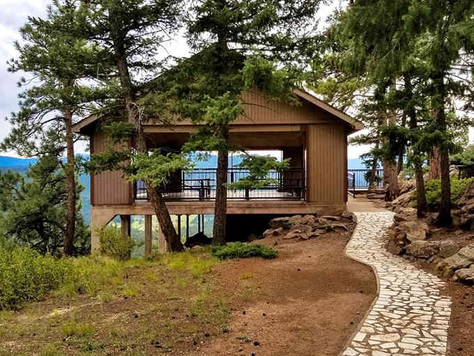 This covered overlook provides shade, benches, and panoramic views that'll make you forget about your aching feet.