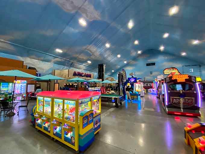 Arcade heaven stretches endlessly under those painted clouds, a neon-lit paradise where tickets equal bragging rights.