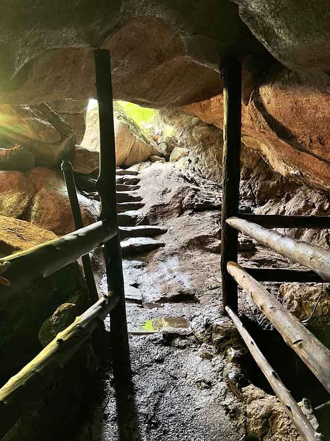 Light filters through the cave entrance like nature's own spotlight, illuminating the path to underground wonders ahead.