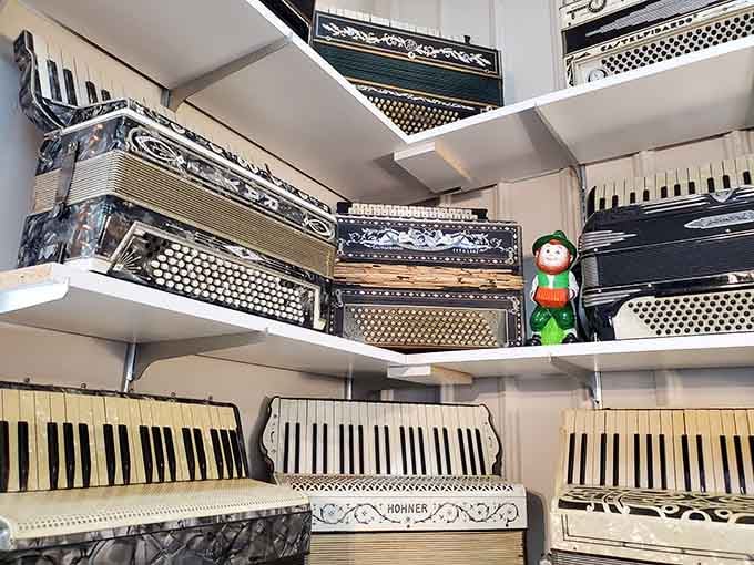 Tucked among hundreds of instruments, even a cheerful figurine seems enchanted by the accordion magic surrounding it here.