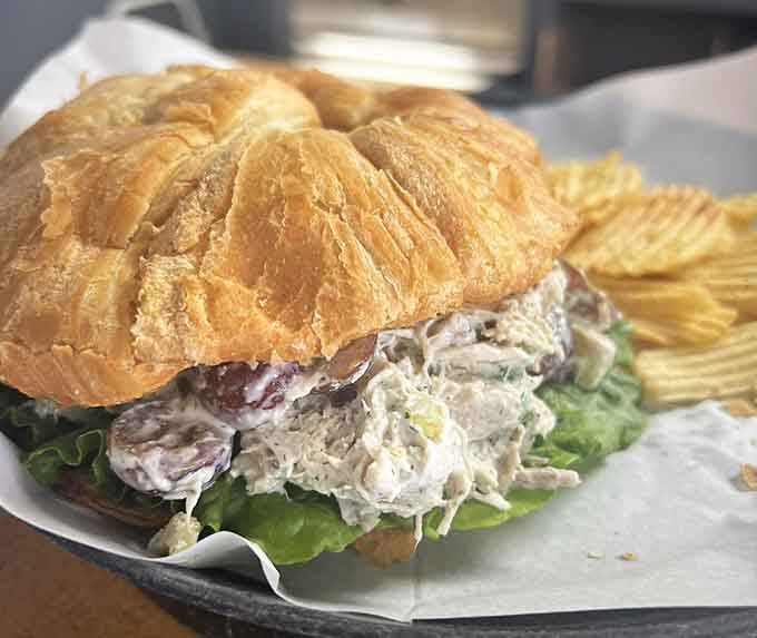 Chicken salad on a flaky croissant with grapes peeking out. This sandwich is quietly, confidently extraordinary.