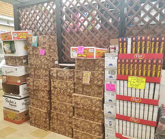 Snacks and breakfast cereals stacked high, because bulk buying means never running out of your favorites again.