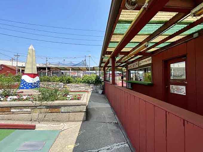 The entrance promises fun, and those colorful panels overhead deliver on that promise with style.