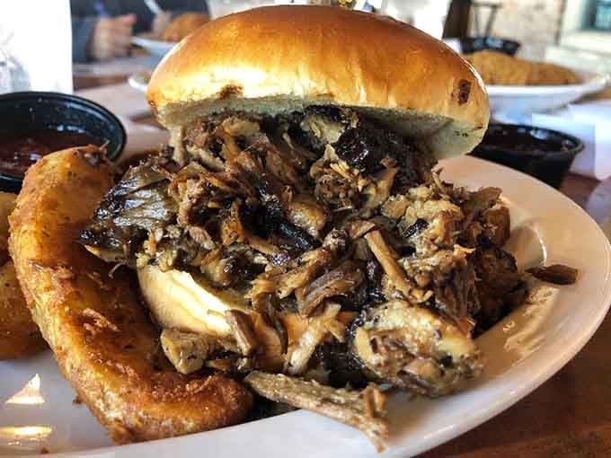 Brisket piled high on a bun with crispy fries, because sometimes sandwiches need to make a serious statement.