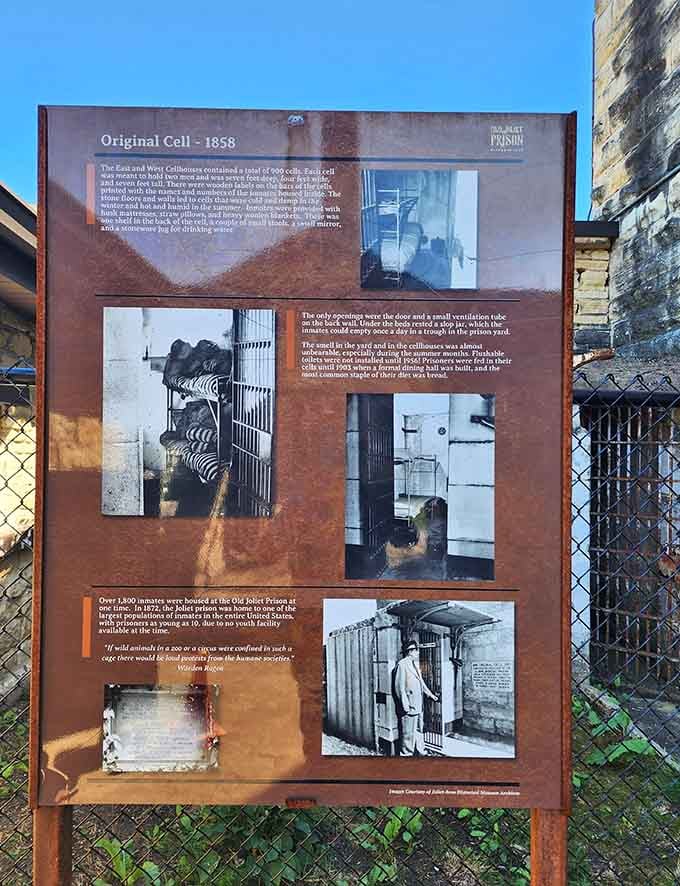 Historical markers bring context to the concrete: these informational signs help visitors understand what life was really like inside.