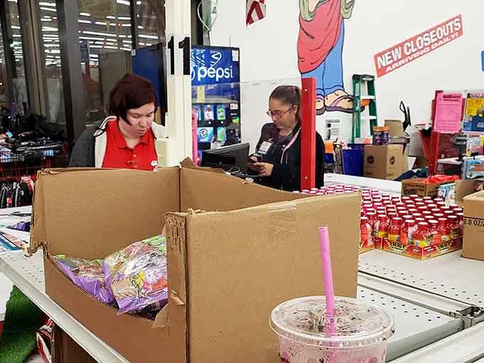 Friendly staff keep the checkout moving smoothly, even when carts overflow with unexpected treasures and impulse buys.