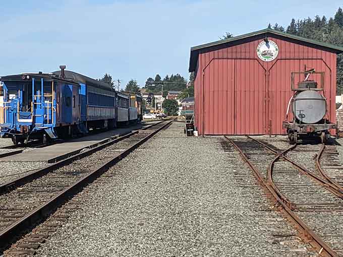 The railway yard at Garibaldi Station showcases the impressive collection of locomotives that bring Oregon's coastal heritage to life.
