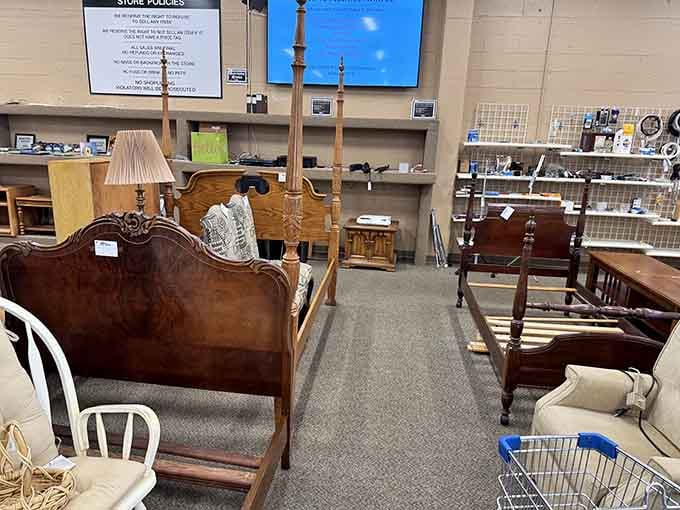 Solid wood bed frames that survived decades without falling apart, unlike that particle board nightmare you assembled last month.