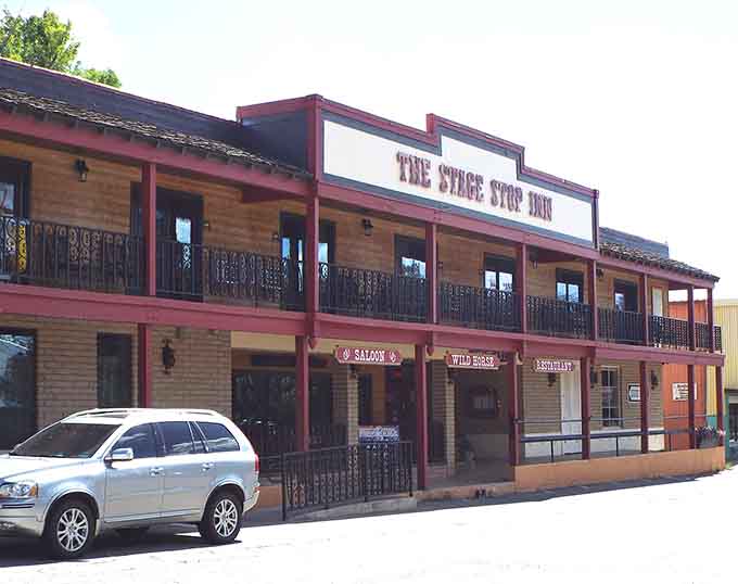 The Stage Stop Inn's balcony overlooks a main street that hasn't changed much since your grandparents were young, thankfully.
