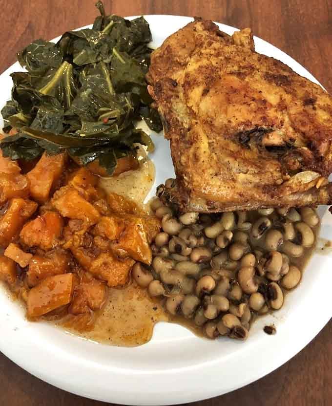 Roasted chicken with collard greens and black-eyed peas proves vegetables can be just as exciting as dessert sometimes.