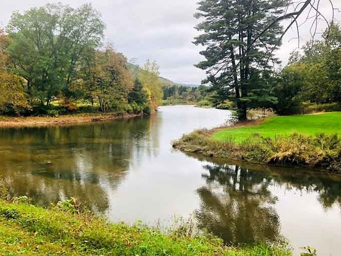 Pine Creek in its quieter moments, reflecting the sky like nature's own mirror, peaceful as a Sunday morning.