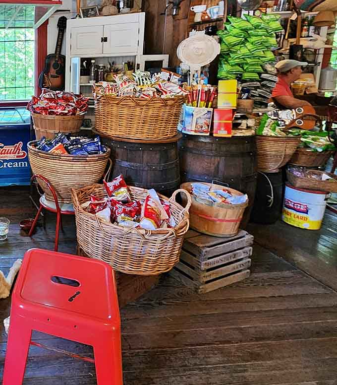 Wicker baskets overflowing with classic American snacks create an irresistible display of nostalgic temptation and pure joy.