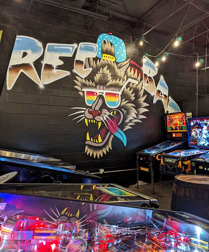 That radical wolf mural screaming "Recbar" is giving off serious 1980s skateboard sticker energy, and we're absolutely here for it.