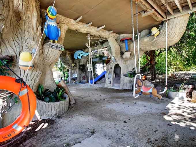 The outdoor play area features swings and whimsy, because adults need recess time too, obviously.