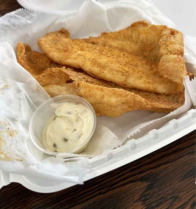 Delicate fish fillets fried to golden perfection with tartar sauce waiting patiently, like Ginger Rogers ready to dance with Fred Astaire.