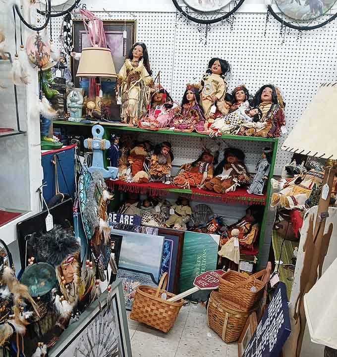 Native American-themed dolls and collectibles showcase the region's cultural heritage through vintage craftsmanship beautifully.