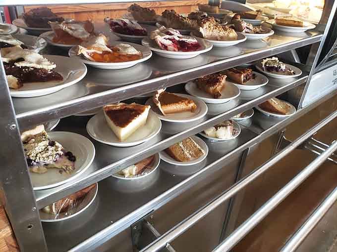 The pie case displays enough homemade varieties to make choosing just one slice feel like an impossible mission.