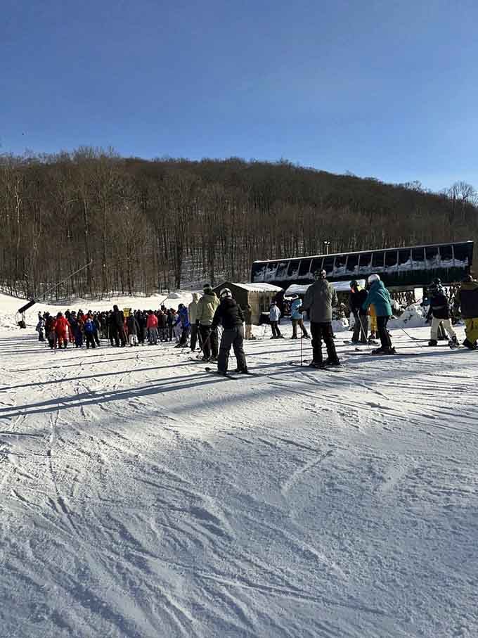 The base area buzzes with activity as skiers gear up for another run down Pennsylvania's favorite winter escape.
