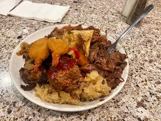 This plate represents the beautiful chaos of buffet decision-making: a little bit of everything, regret absolutely nothing.
