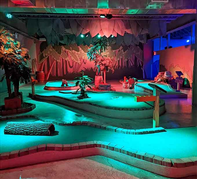 Tropical palms and dramatic lighting create an island paradise vibe, making you forget you're actually in Brooklyn during February.