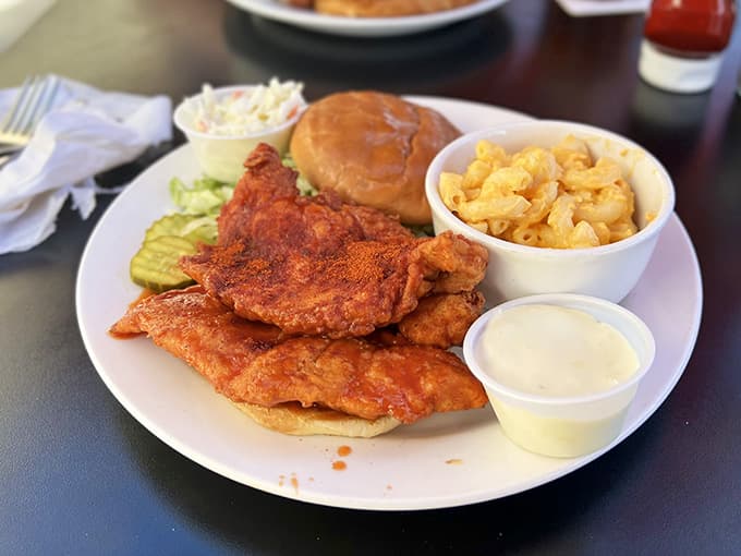 That spicy fried chicken sandwich with mac and cheese is the kind of meal that requires loosening your belt.