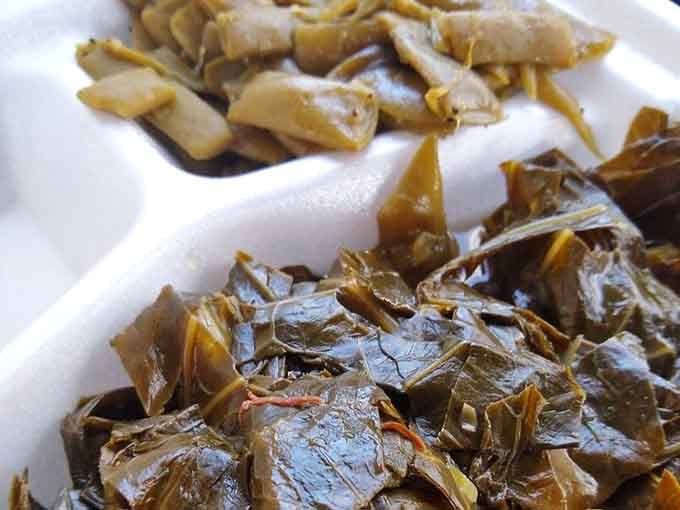 Collards and green beans that actually taste like vegetables instead of an afterthought, imagine that.