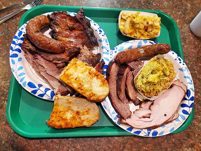 When your platter includes sausage, brisket, turkey, ham, and mac and cheese, you've officially won at lunch.