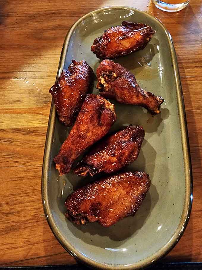 These smoked wings have that gorgeous mahogany color that tells you someone knows what they're doing.