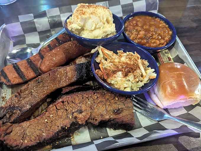 Brisket sliced thick and served with all the fixings, because subtlety has no place at the barbecue table.