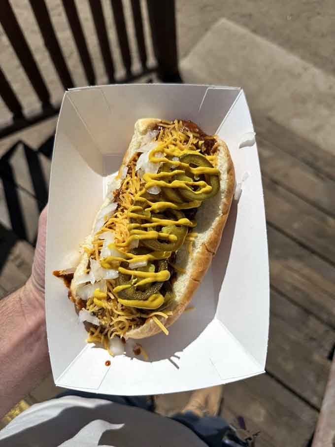 Jalape&ntilde;os, ketchup, and onions create a flavor symphony that hits all the right notes on this beautiful beef dog.