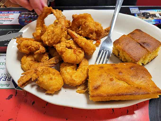 Those golden fried shrimp with cornbread are proof that good things really do come to those who wait in line.