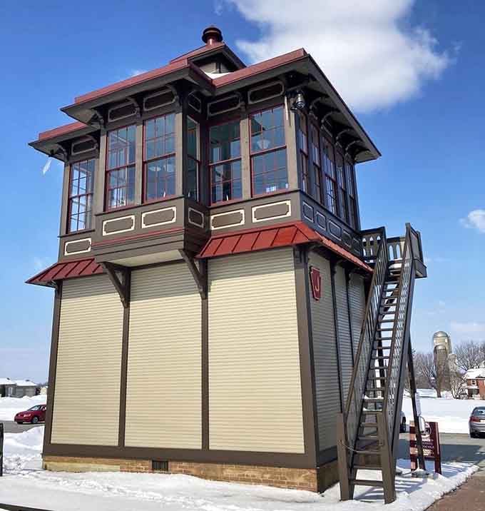 This beautifully restored tower once directed rail traffic and now stands as testament to railroad engineering brilliance.