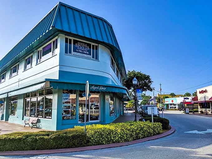 These cheerful storefronts look like someone decided Main Street USA needed a tropical vacation and never looked back.