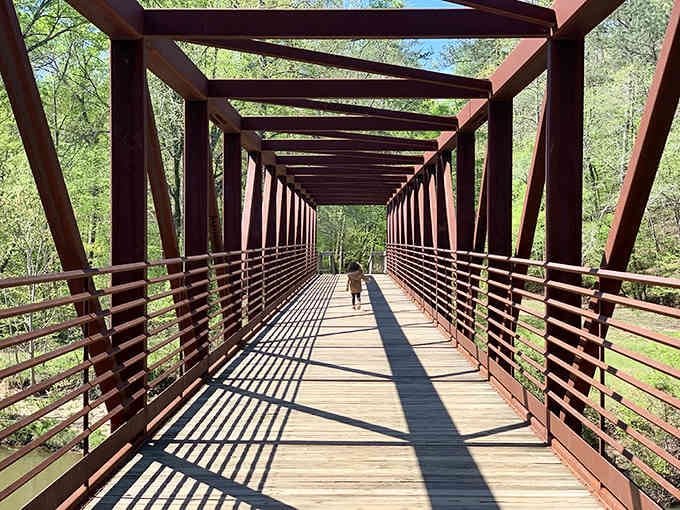 This bridge stretches into the forest like a portal to somewhere quieter, greener, and infinitely more peaceful.