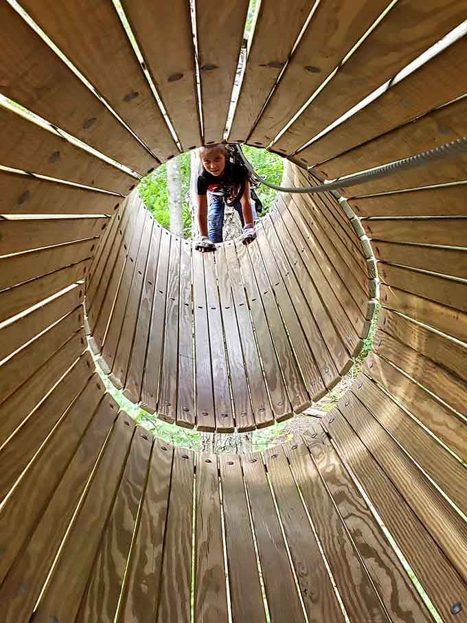 Crawling through wooden tunnels: because adulting needed a more literal interpretation of feeling boxed in.